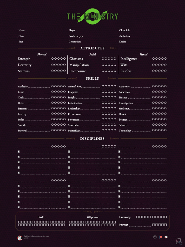 VtM5e ENG CharacterSheet 2pMOOD Ministry | PDF