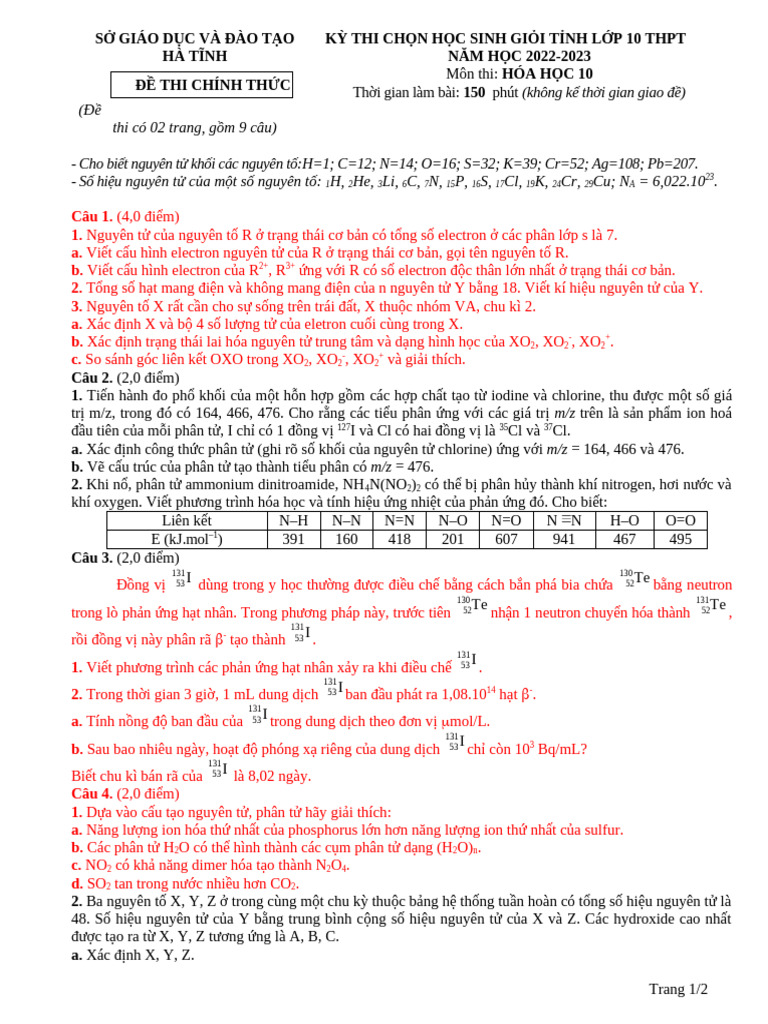 HSG 10 Hà Tĩnh 2023 | PDF