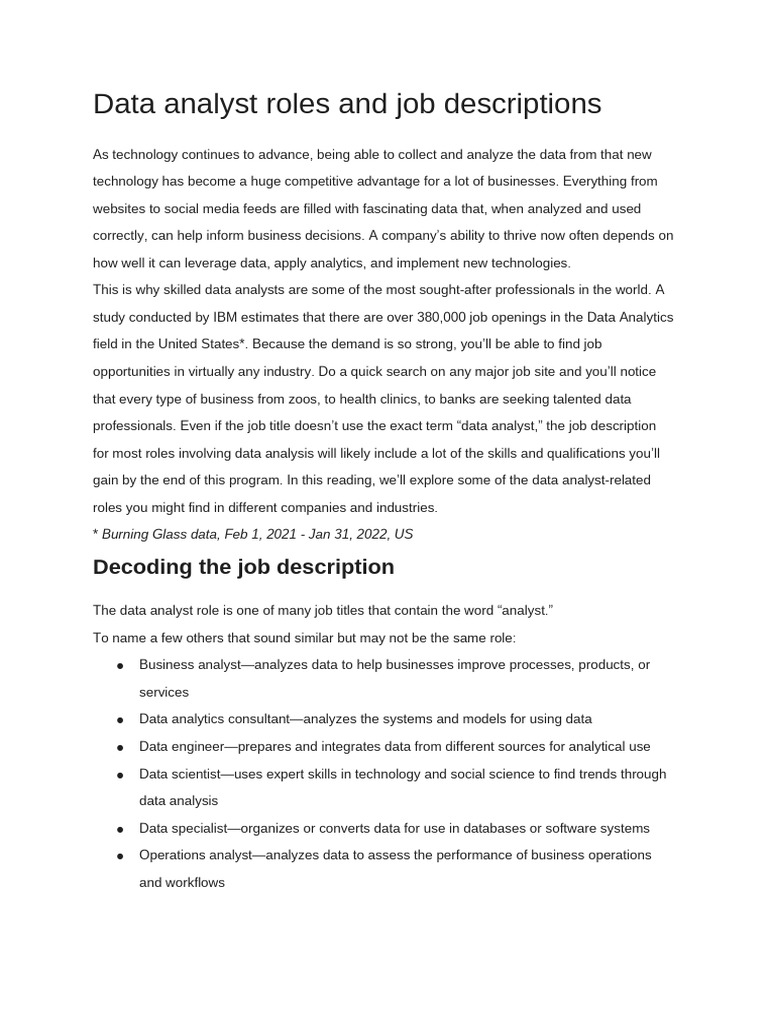 Data Analyst Roles and Job Descriptions | PDF | Data Analysis | Data ...