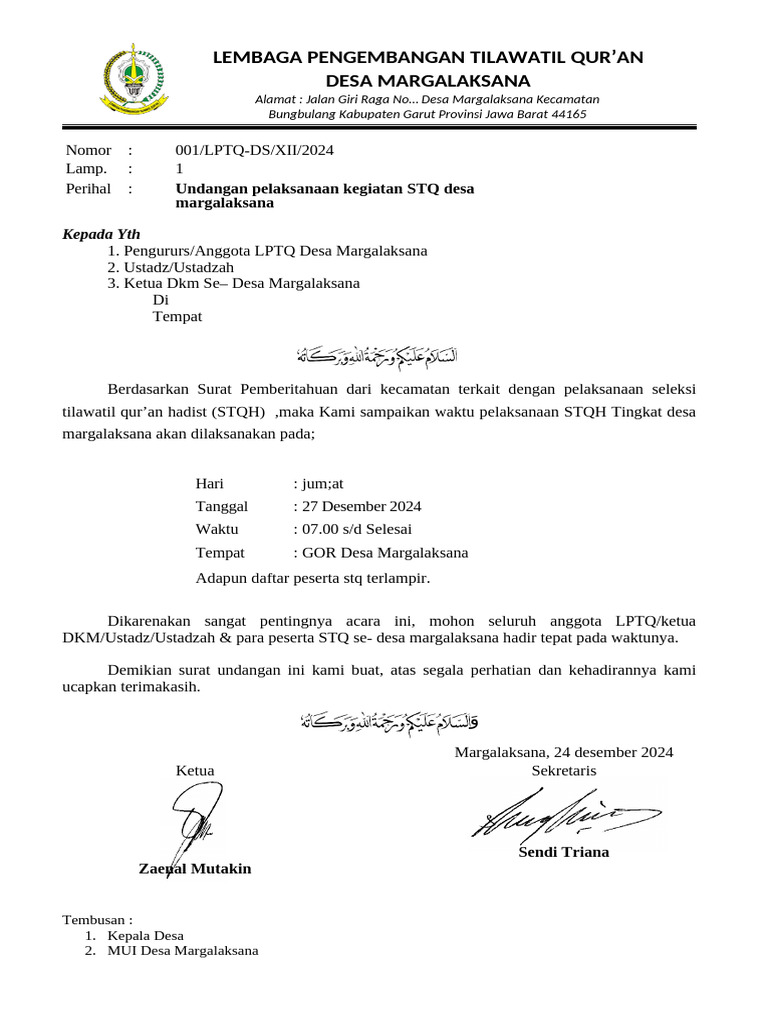 Surat Pemberitahuan STQ | PDF