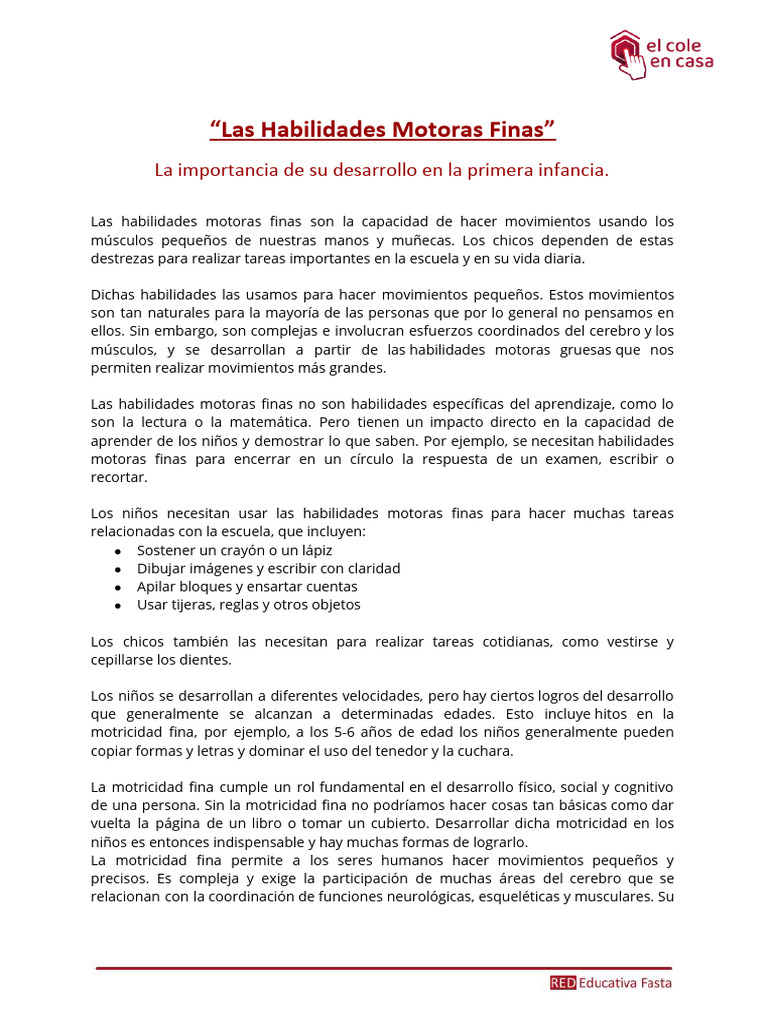 Desarrollo de Habilidades Motoras Finas | PDF | Aprendizaje