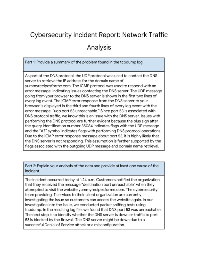 Cybersecurity Incident Report - Network Traffic Analysis | PDF