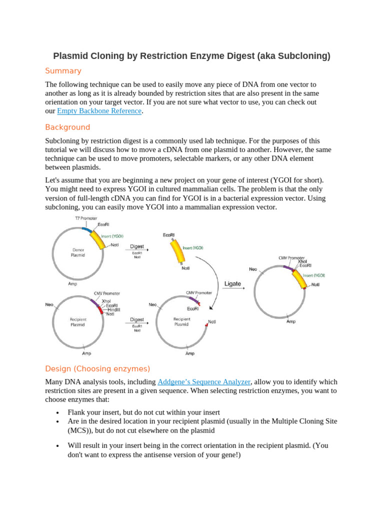 Handouts-2-Plasmid Cloning by Restriction Enzyme Digest | PDF ...