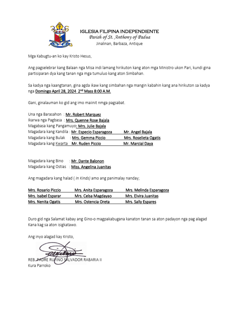 Sunday Mass Sponsors | PDF