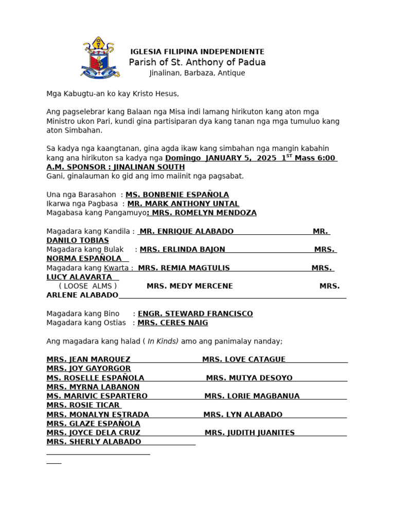 Sunday Mass Sponsors | PDF