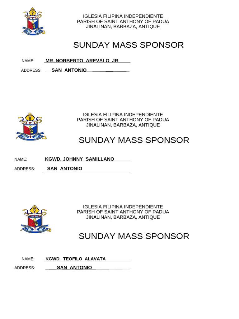 Sunday Mass Sponsors - St. Anthony's | PDF