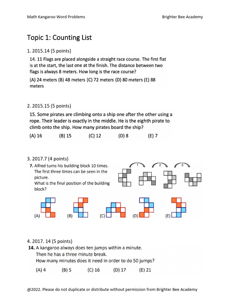 Math Kangaroo Word Problems & Answers | PDF