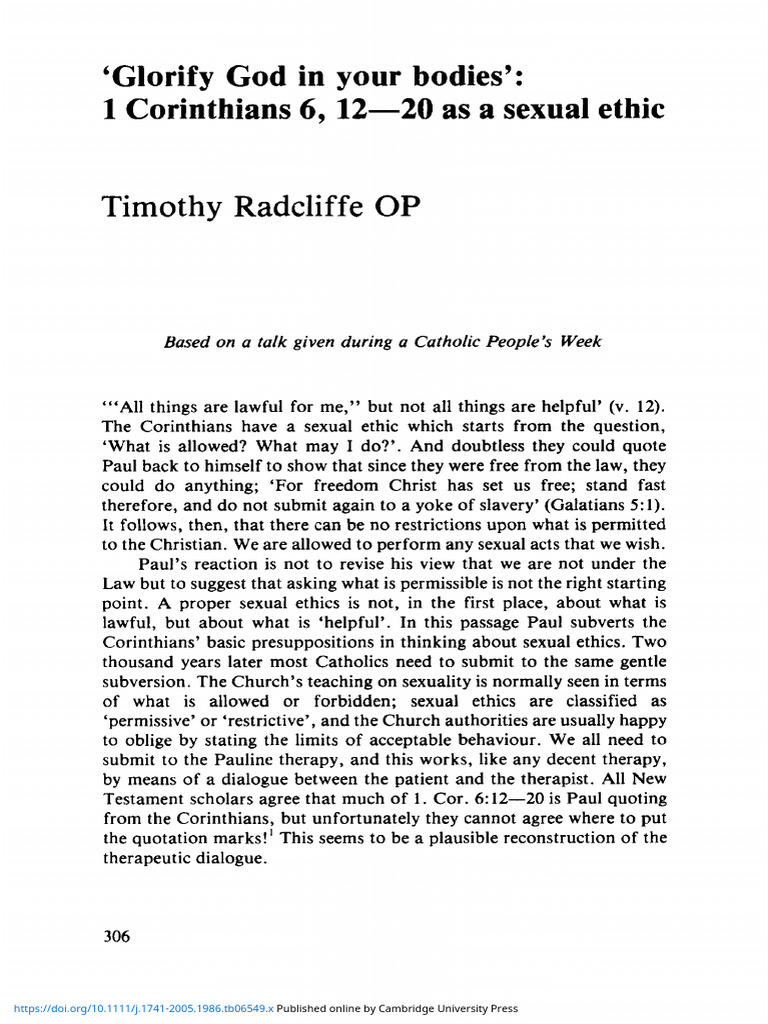 Glorify God in Your Bodies 1 Corinthians 6 12 20 As A Sexual Ethic ...