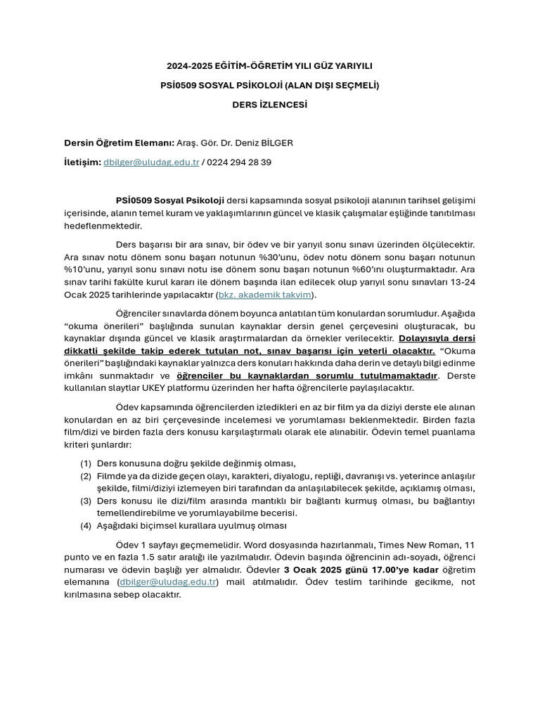2024-2025 Güz Sosyal Psikoloji Izlence | PDF