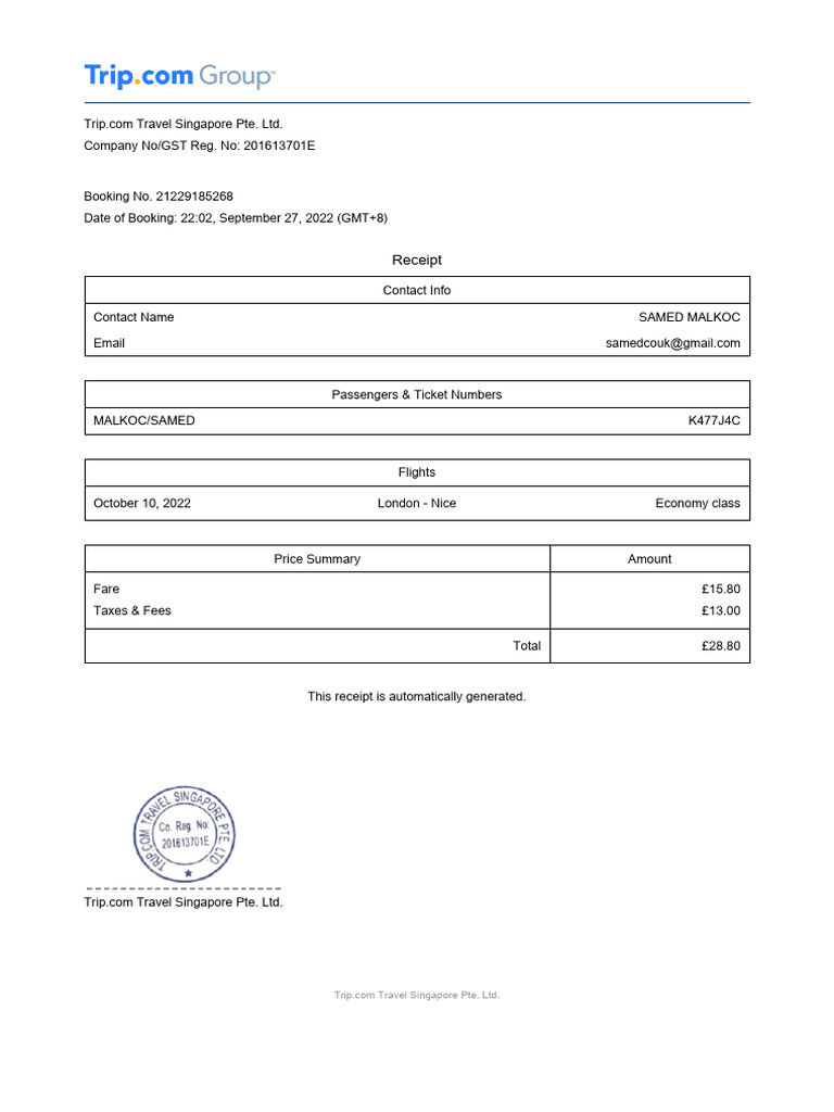 E Receipt London Nice | PDF