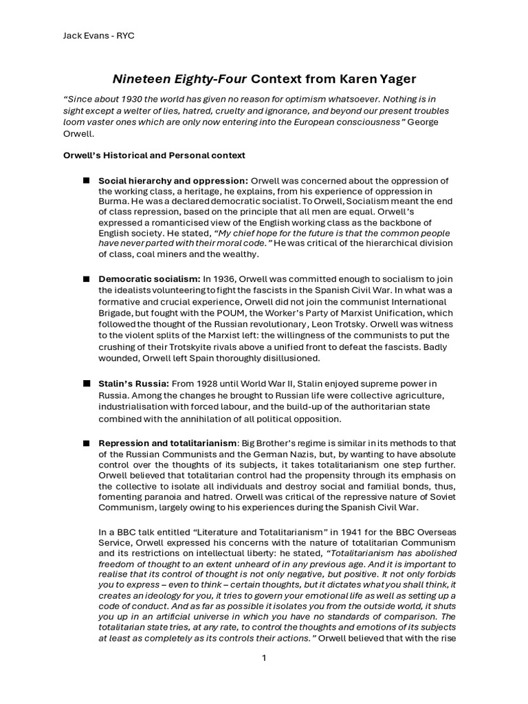 Karen Yager 1984 Context - Jack Evans - RYC | PDF | Totalitarianism ...