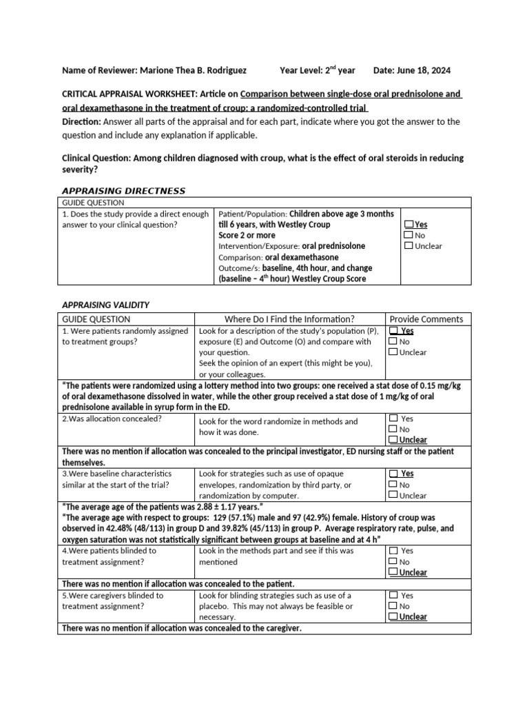 RODRIGUEZ, Marione - Critical Appraisal Worksheet Guide - Croup | PDF ...