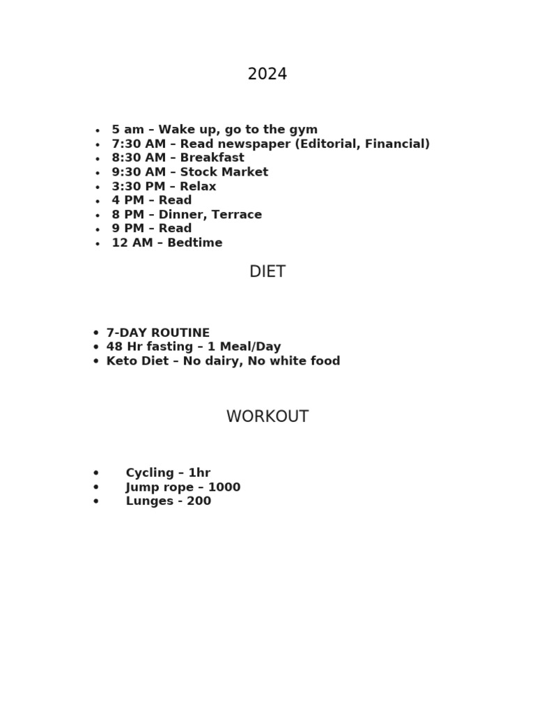 2024 Daily Routine: Diet & Workout Plan | PDF