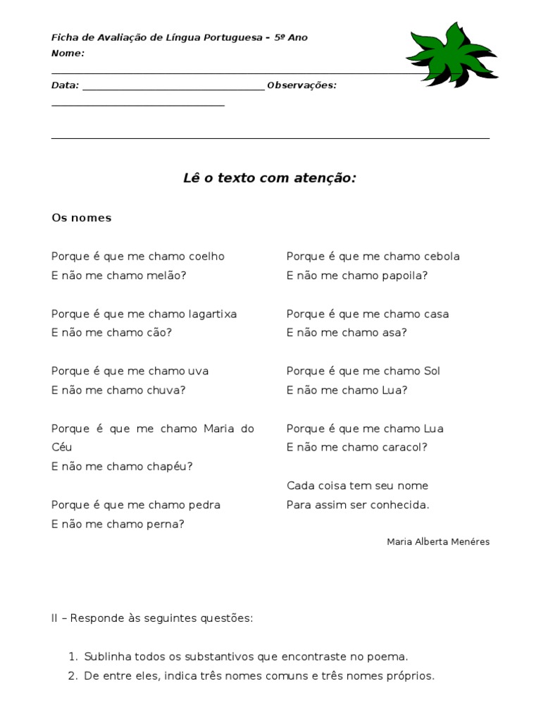 Ficha de Avaliação - Texto Poético