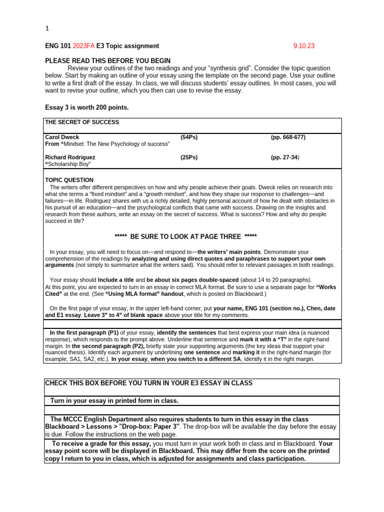 ENG 101 2023FA E3 Assignment (CHEN) | PDF | Essays | Paragraph