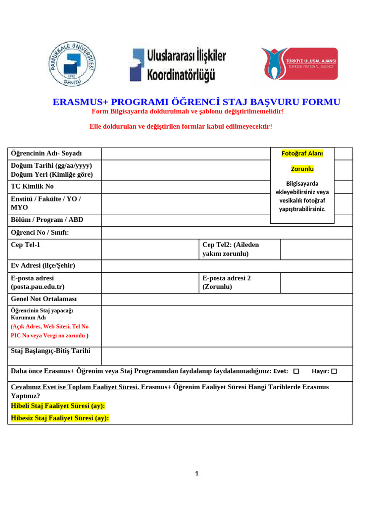 2024 KA131 Erasmus - Staj Hareketliliği Basvuru Formu | PDF