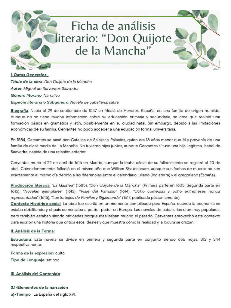 Análisis de "Don Quijote de la Mancha" | PDF | Don Quijote | Miguel De ...