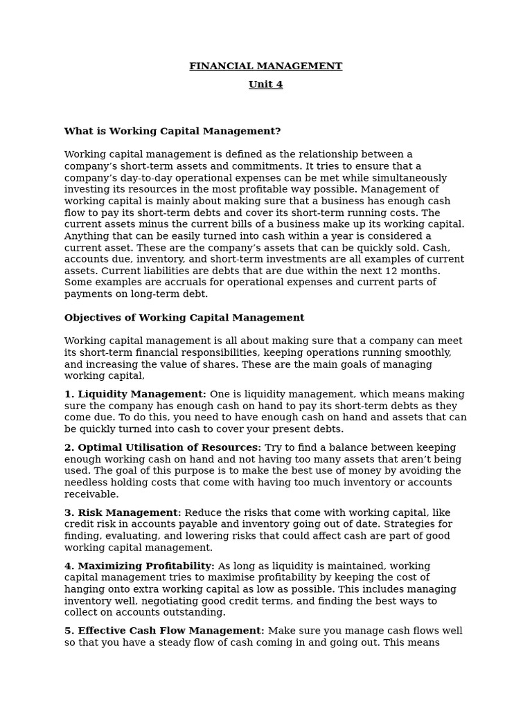 FINANCIAL MANAGEMENT UNIT 4 | PDF | Working Capital | Risk