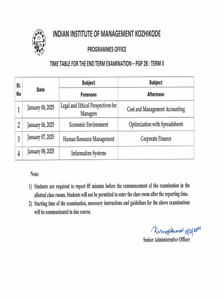 Term 2 End Term Exam Schedule | PDF