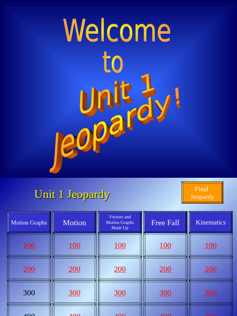 Unit 1 Motion and Kinematics Jeopardy | PDF | Kinematics | Acceleration