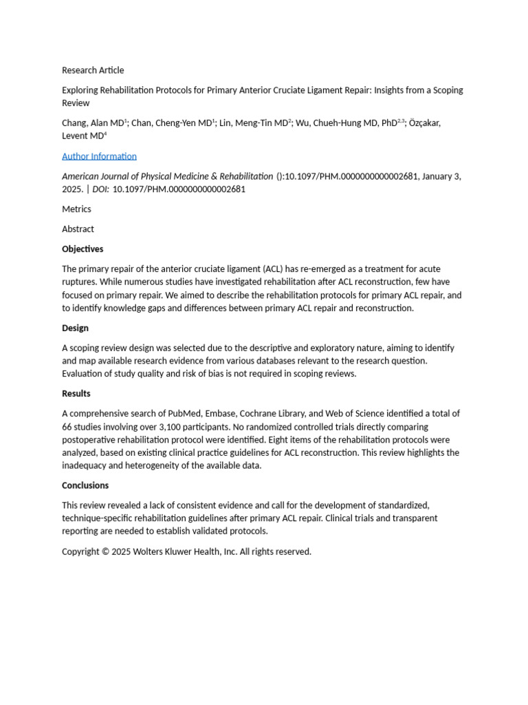 Exploring Rehabilitation Protocols For Primary Anterior Cruciate ...