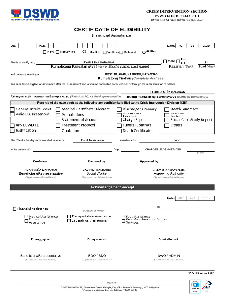 DSWD Certificate of Eligibility for Aid | PDF