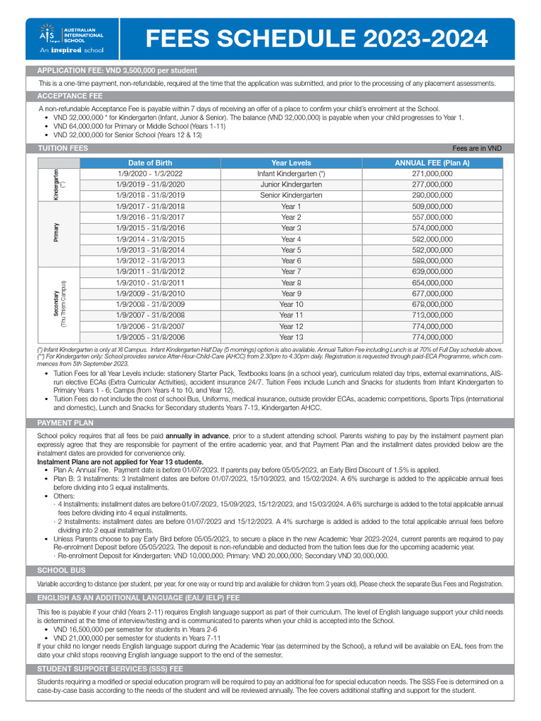 AIS Fees Schedule 2023-2024 | PDF | Payments | Fee