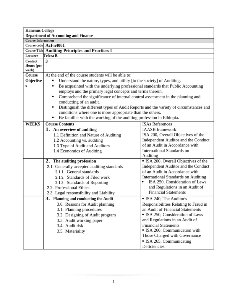 Auditing I Course Plan | PDF | Audit | Internal Control