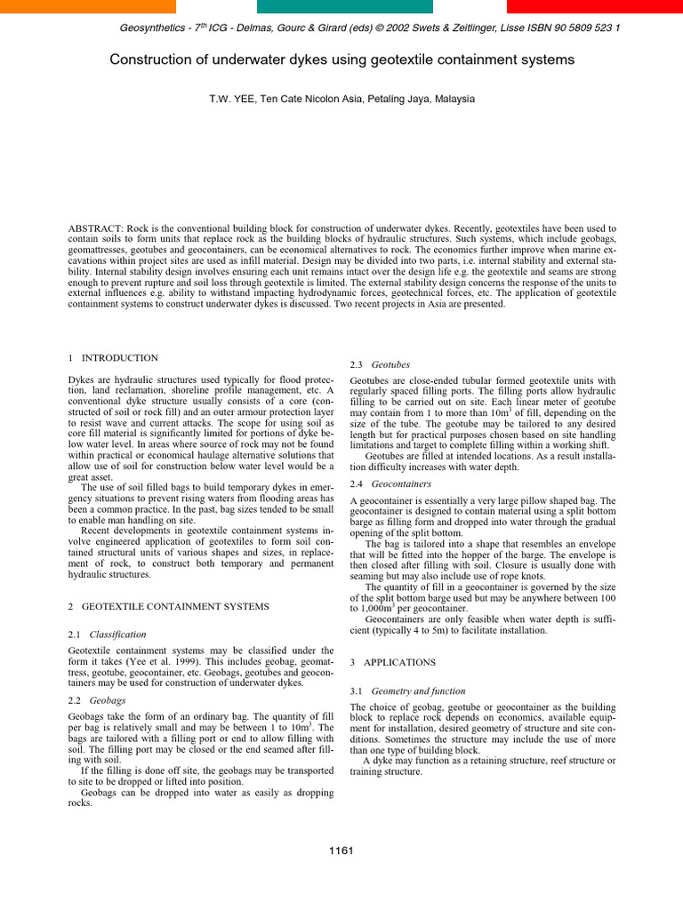 Construction of underwater dykes using geotextile containment systems | PDF | Levee | Drainage