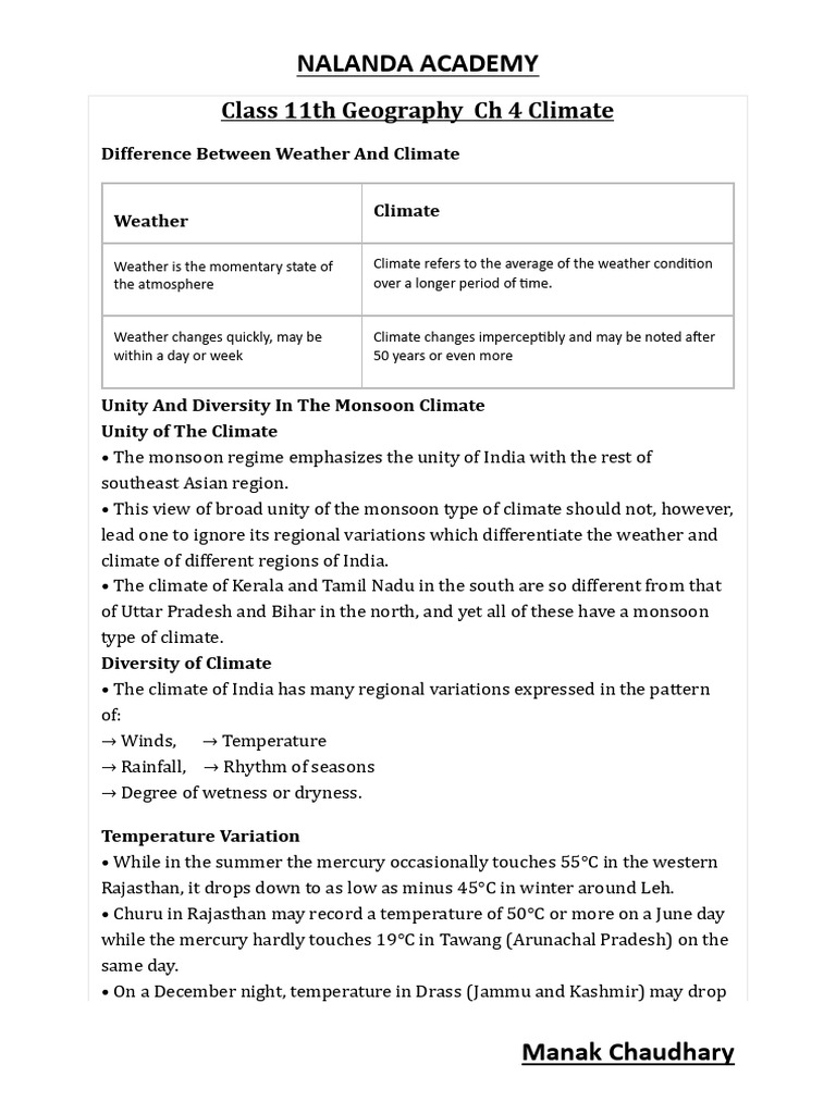 11 EM Geography CH - Climate Notes | PDF | Monsoon | Wound