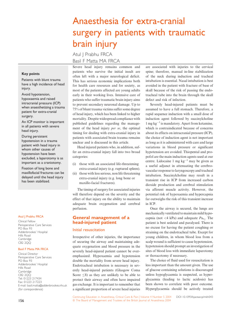 Anaesthesia For Extra-Cranial | PDF | Traumatic Brain Injury | Major Trauma
