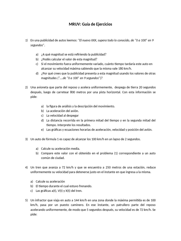 Biofísica - Guía MRUV | PDF | Velocidad | Aceleración