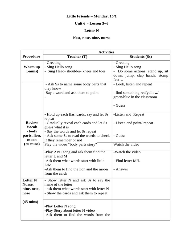 [123doc] Lesson Plan Little Friends u6 l5 6 | PDF