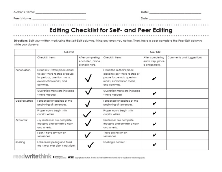 Editing Checklist - Self & Peer | PDF | Sentence (Linguistics ...