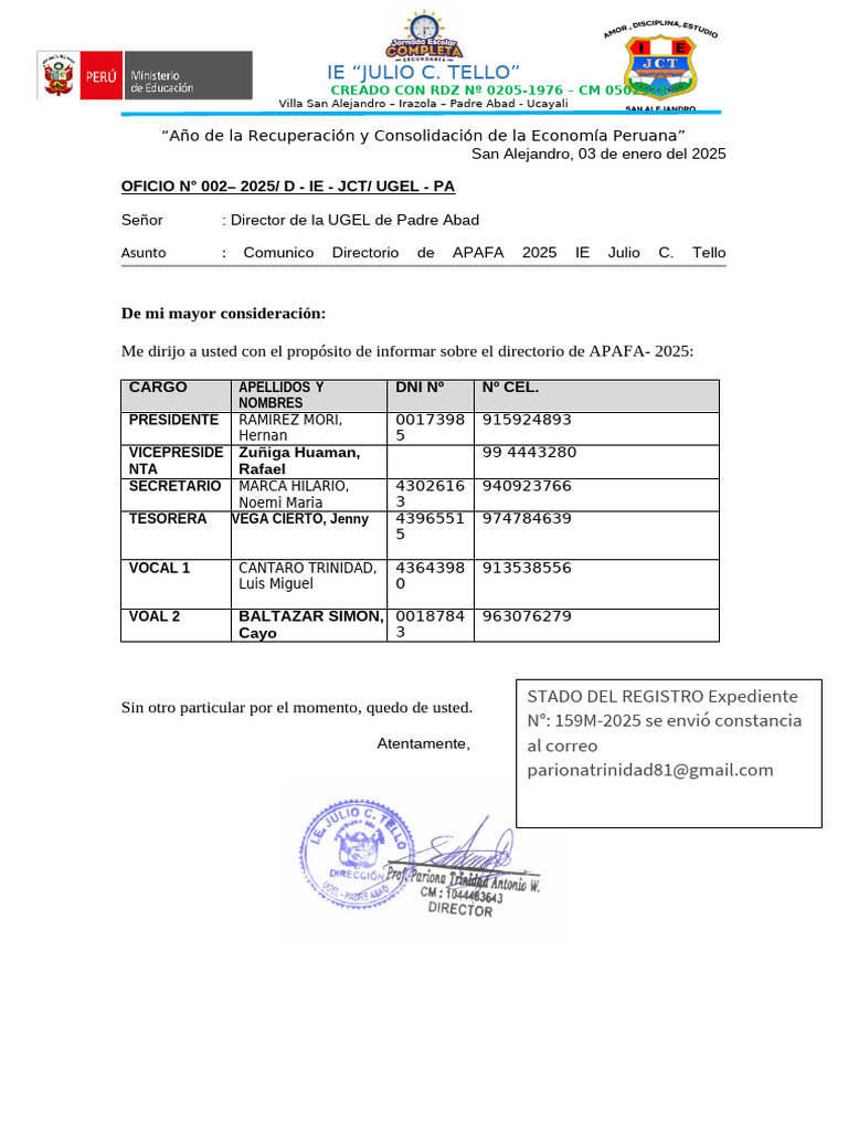 Oficio Comunico Directorio de Apafa | PDF