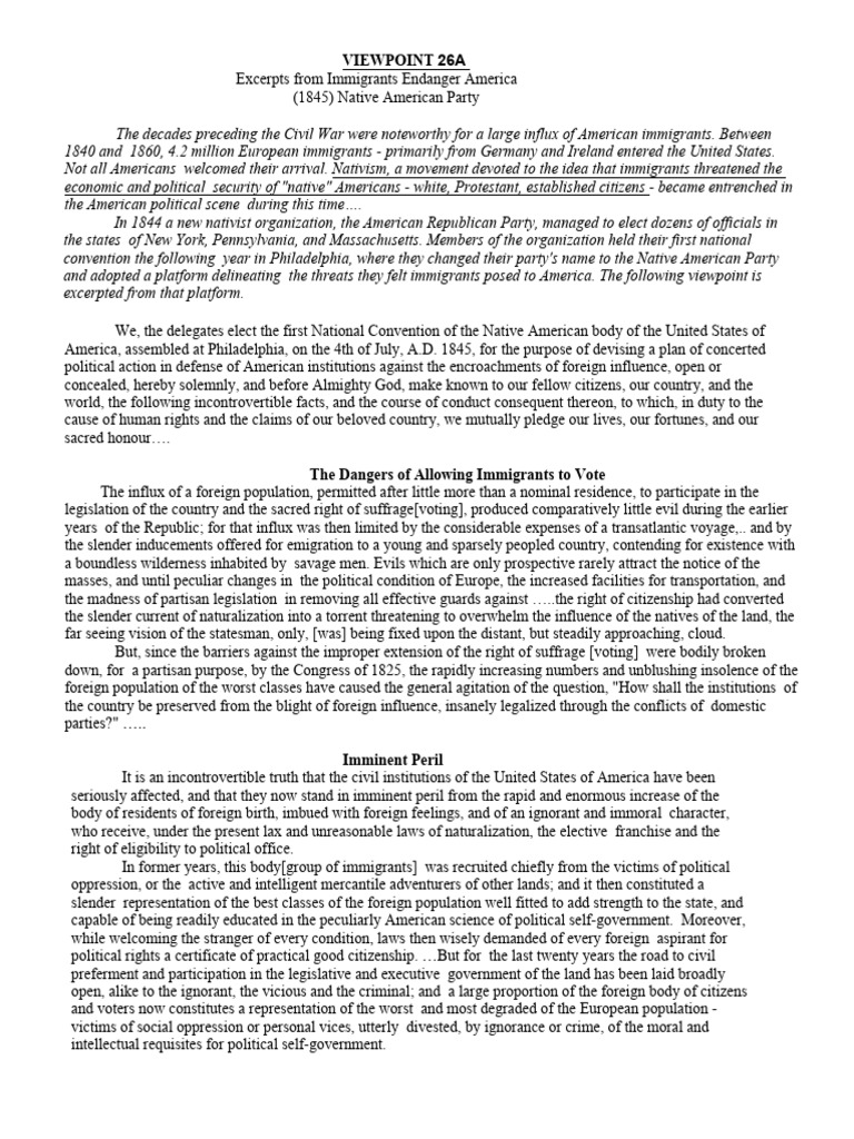 Nativism and Immigration in 1845 America | PDF | Nativism (Politics ...