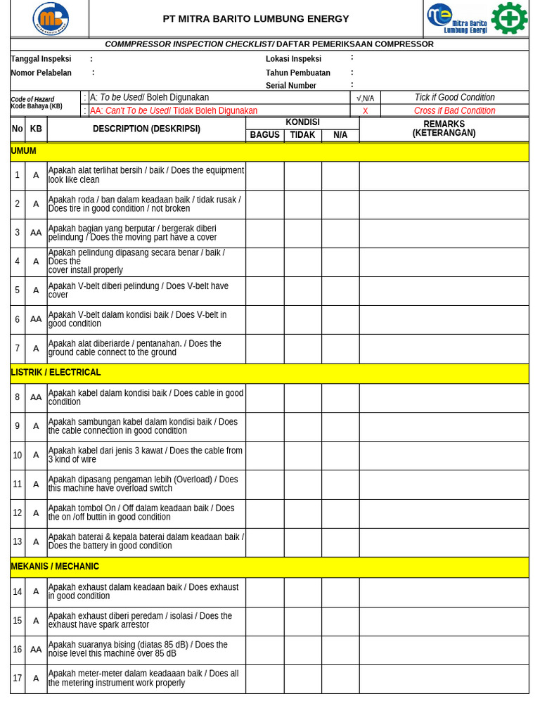 Form Inspeksi Compressor | PDF