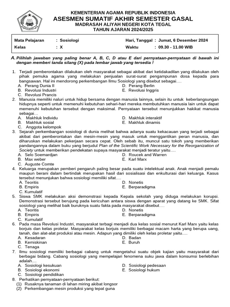 Soal Asas Sosiologi Kelas X 2425 | PDF