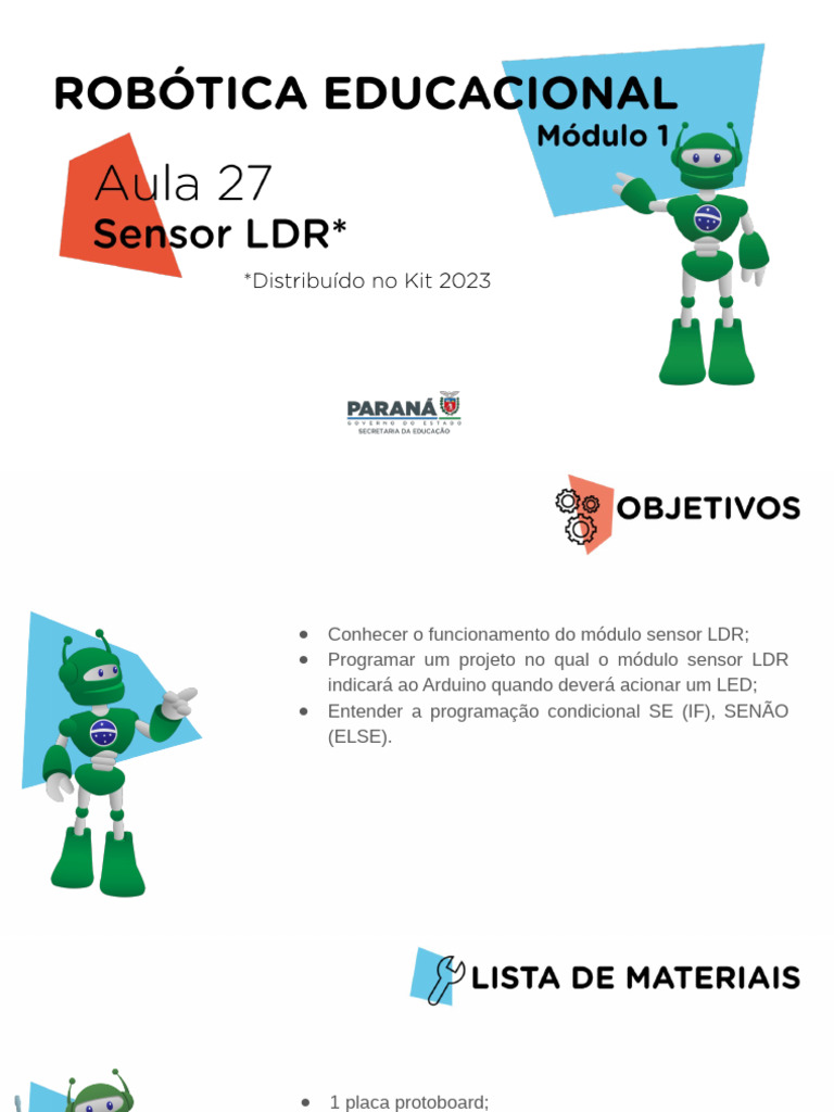 Aula27 Sensor LDR Kit2023 em m1 Slides | PDF | Arduino