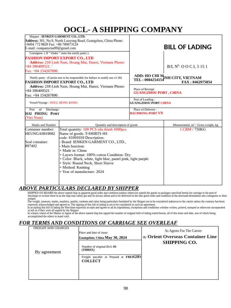 OOCL Bill of Lading for T-Shirts Shipment | PDF | Bill Of Lading | Cargo