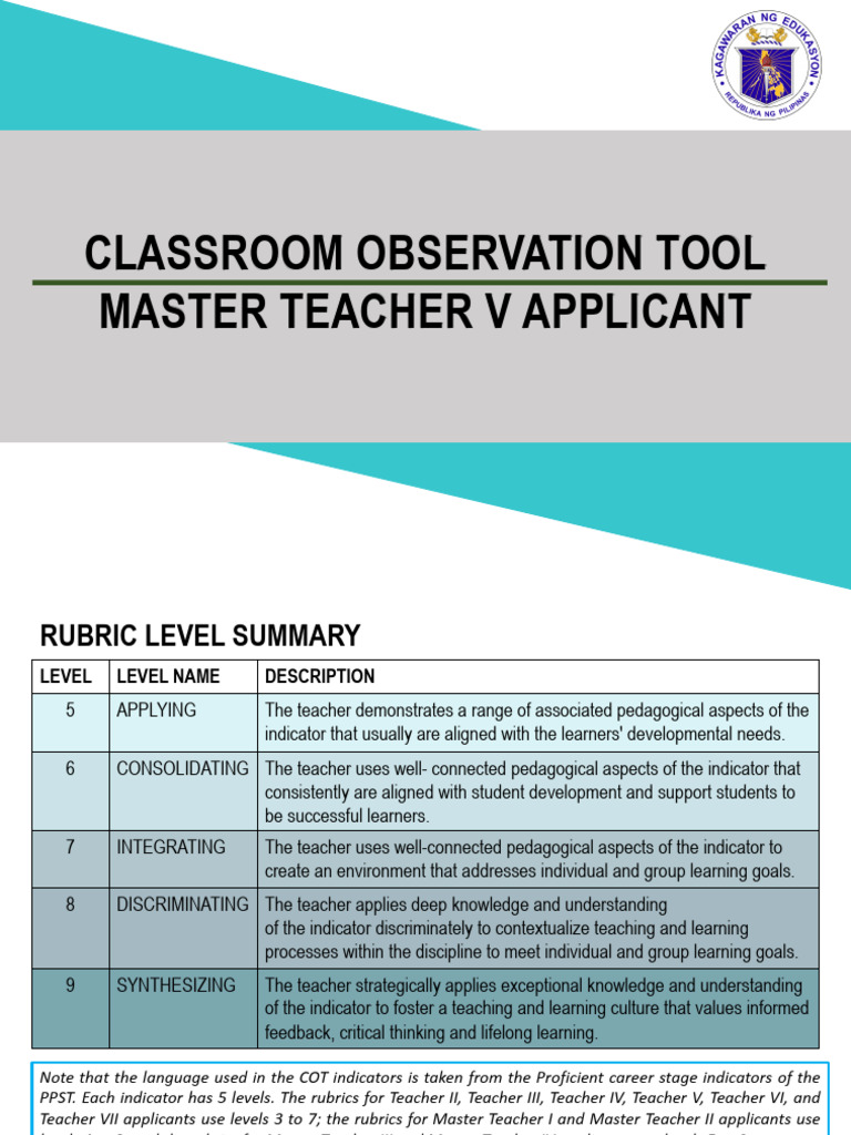COT Rubric Master Teacher V | PDF | Learning | Teachers