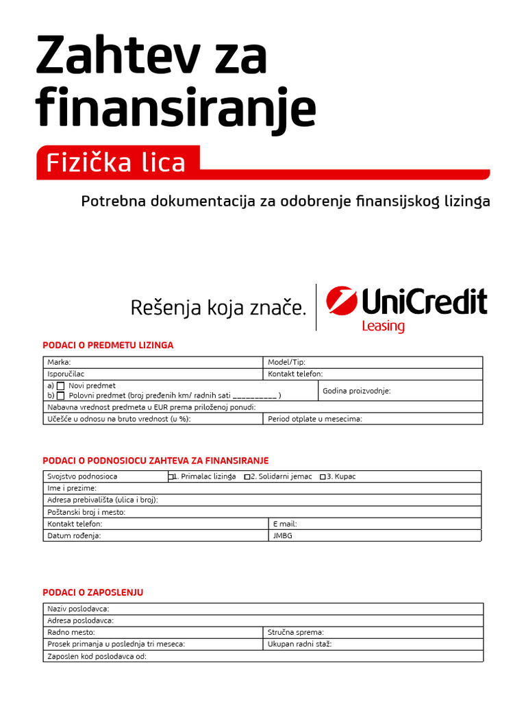Zahtev Za Finansiranje Za Fizička Lica | PDF