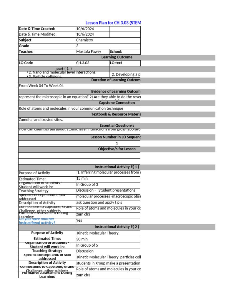 Chemistry Lesson Plan: Atoms & Molecules | PDF | Molecules | Gases