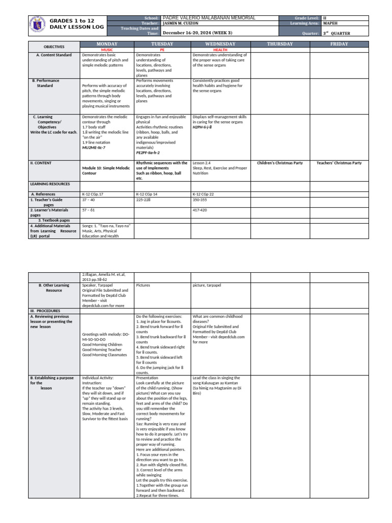 Dll Mapeh 2 q3 Week 3 | PDF