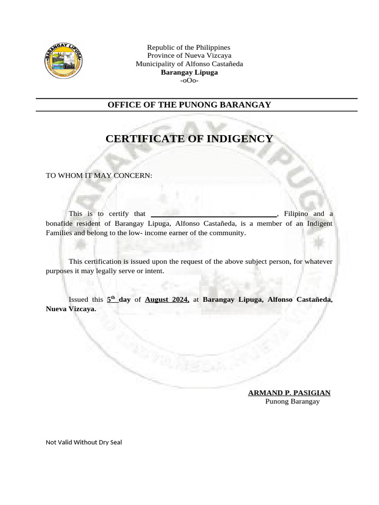 Certificate of Indigent and Low Income Earner of The Community | PDF