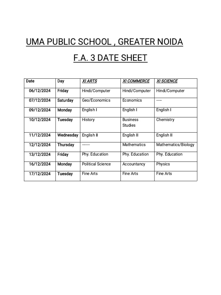 Ups Datesheet Class 11 | PDF