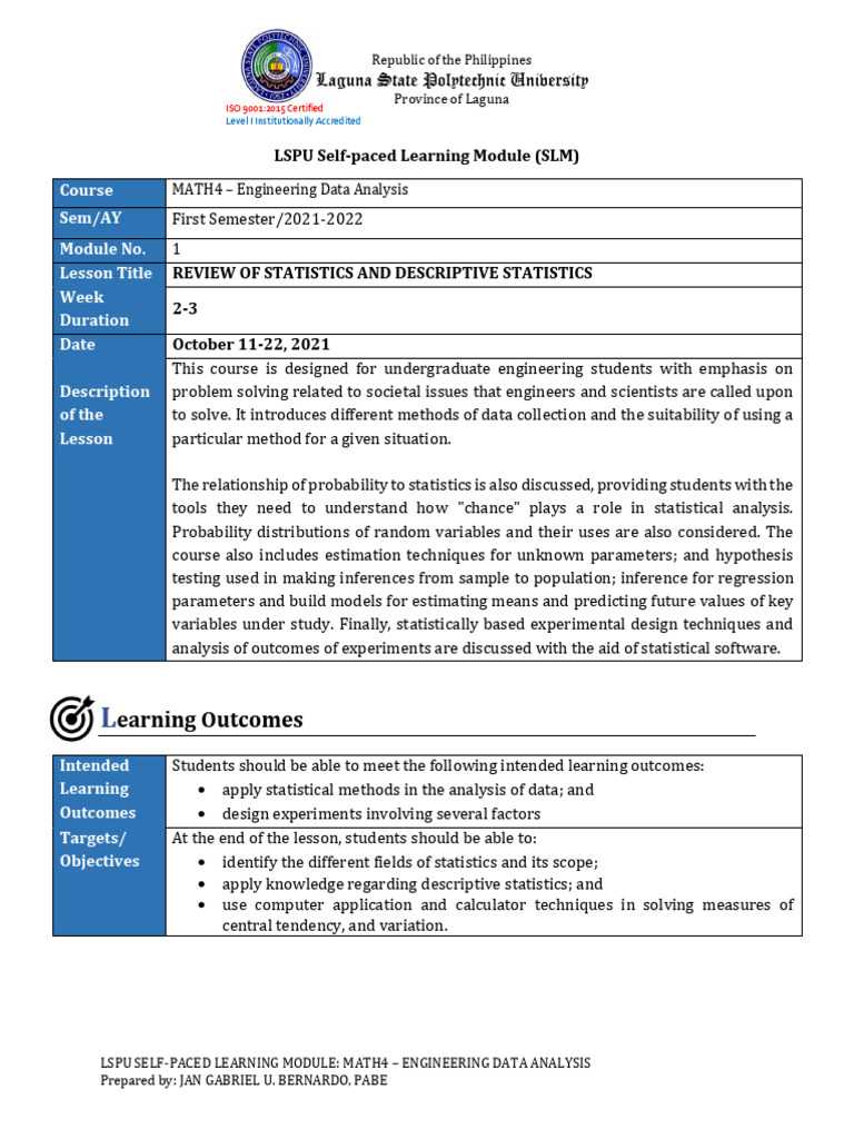 MATH4 - Week 2-3 REVIEW OF STATISTICS AND DESCRIPTIVE STATISTICS | PDF | Statistics | Sampling ...
