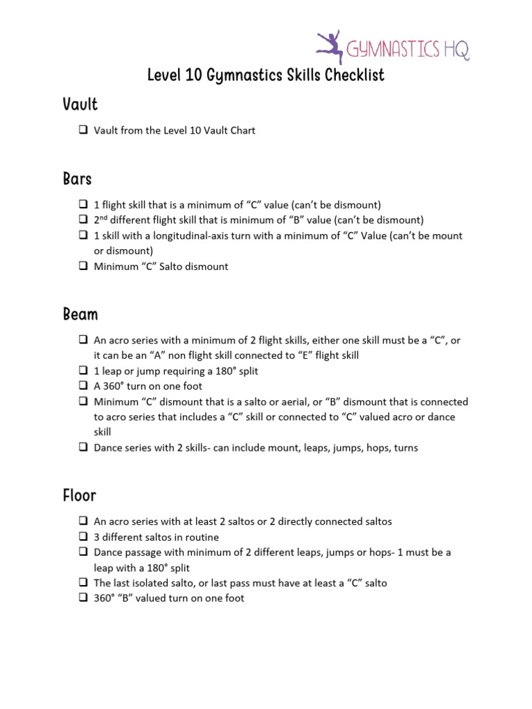 GymnasticsHQ Level 10 Checklist Updated-1 | PDF