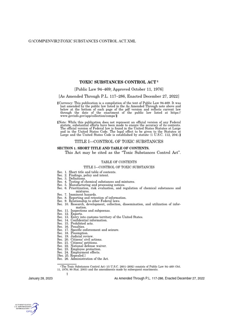 Toxic Substances Control Act Overview | PDF | United States Code | Toxicity