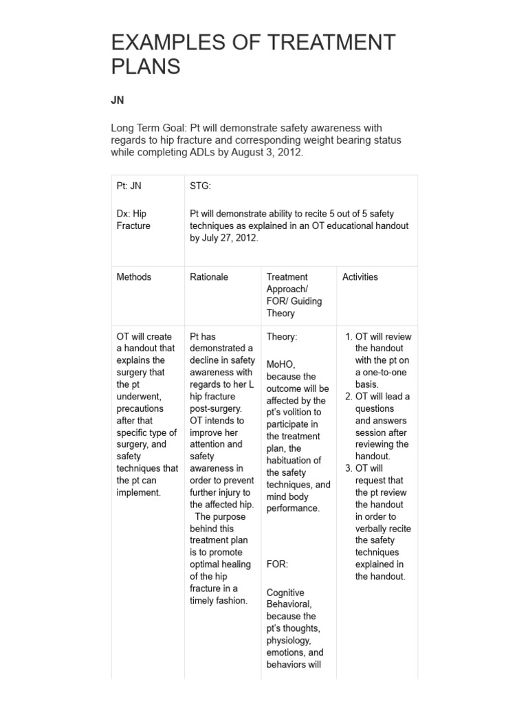 Examples of Treatment Plans _ Occupational Therapy | PDF | Awareness ...